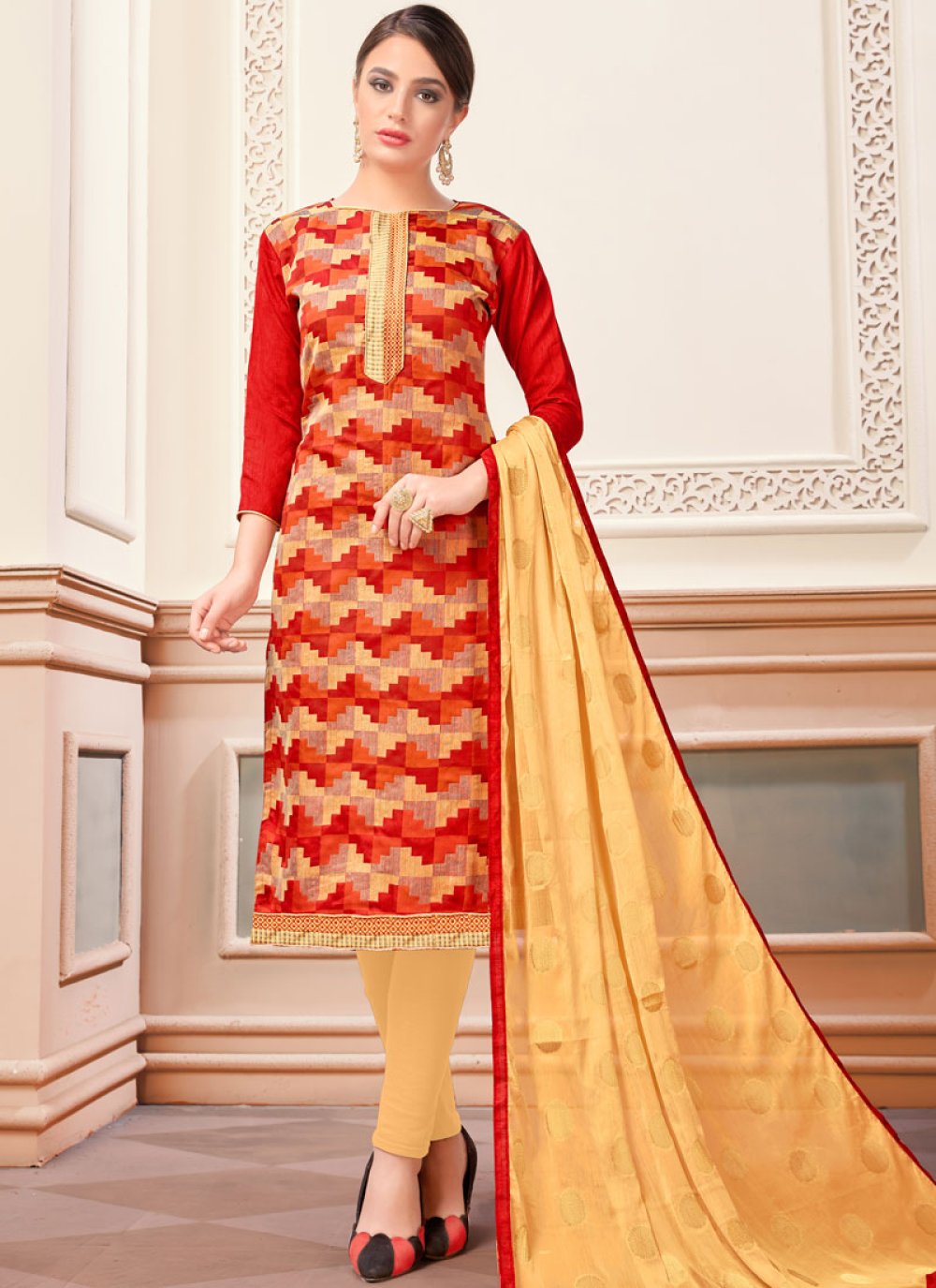 Red Print Churidar Suit buy online