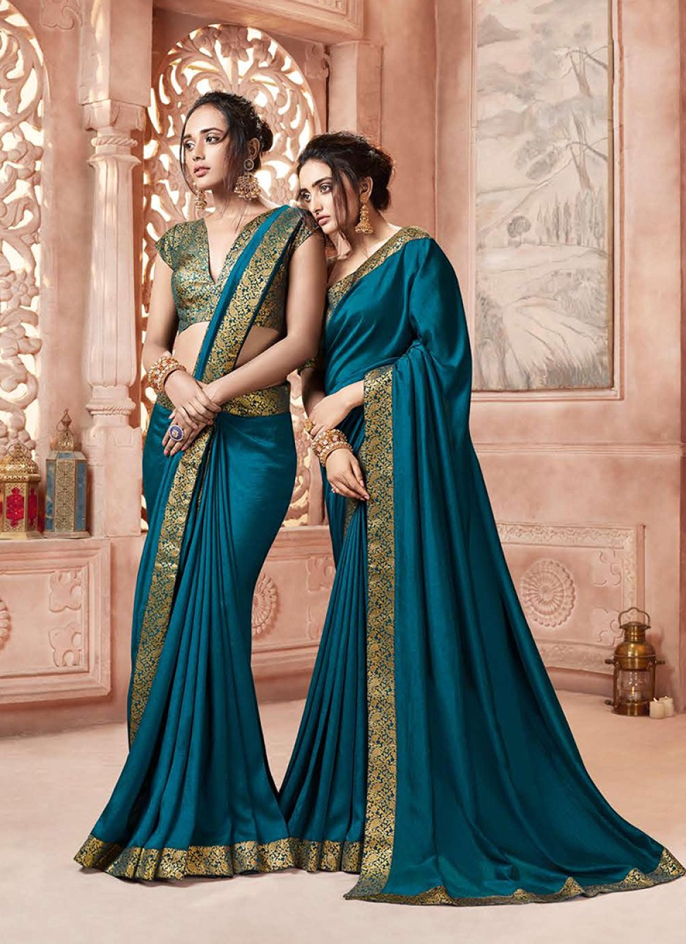 Buy Satin Silk Teal Designer Traditional Saree Online : 130180