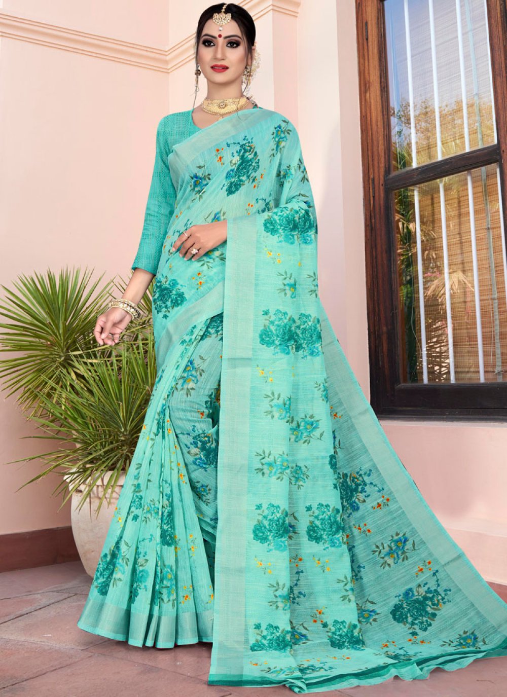 Shop Online Sea Green Casual Printed Saree : 134224