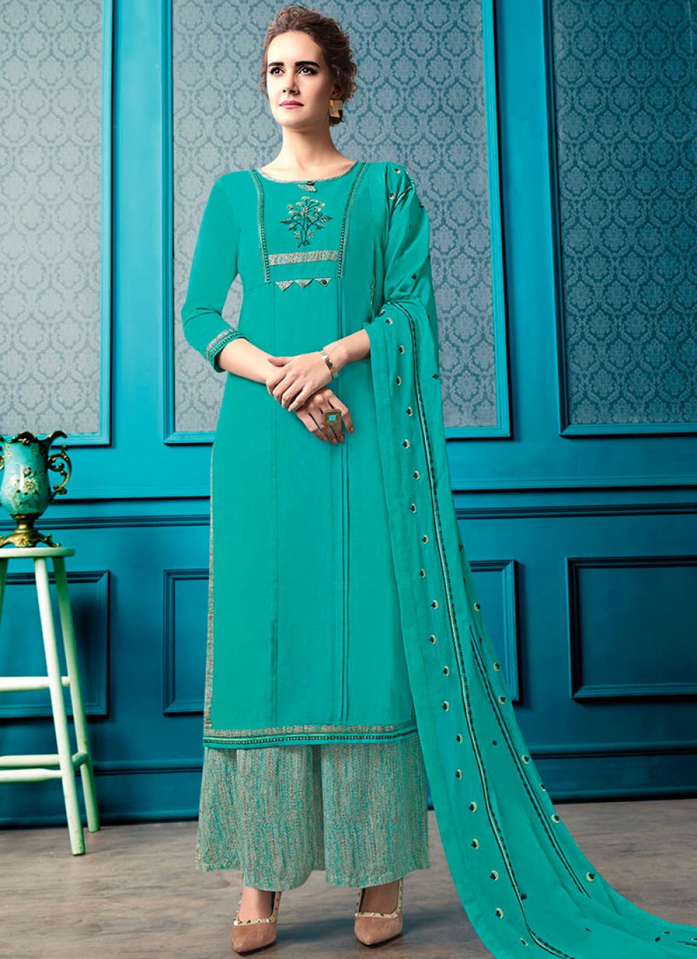 Shop Sea Green Ceremonial Cotton Designer Palazzo Suit Online : 118223