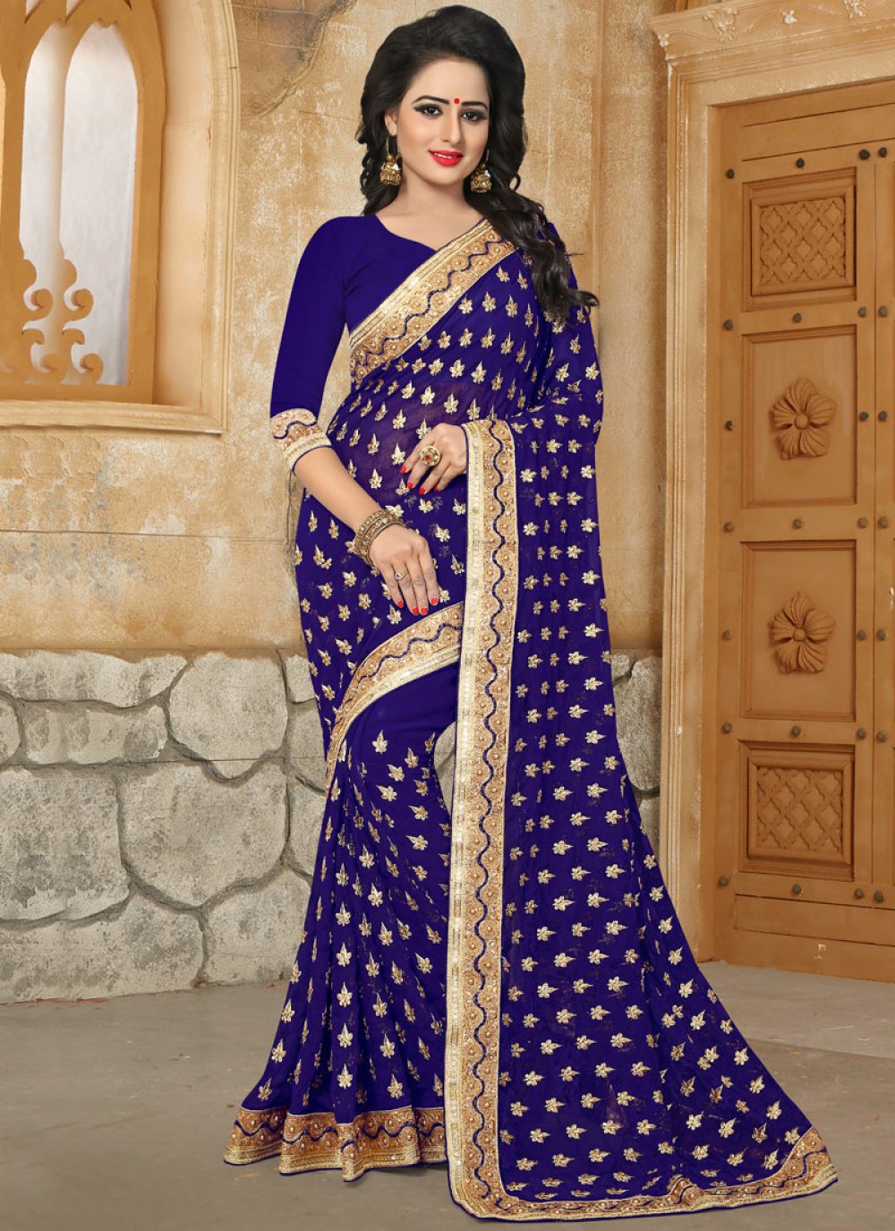 Shop Stone Work Blue Classic Saree Online : 74305