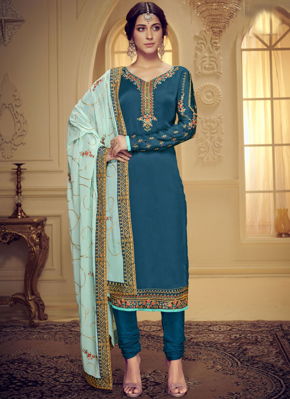 Buy Teal Georgette Satin Stone Work Designer Salwar Suit Online