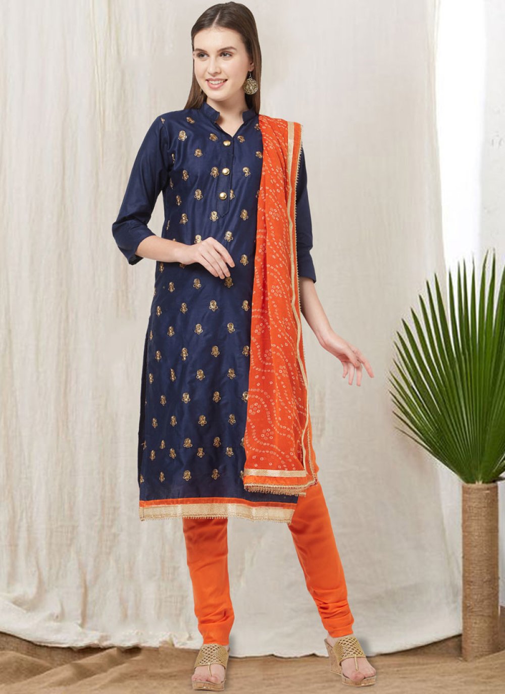 Shop Thread Cotton Churidar Suit in Blue Online : 104053