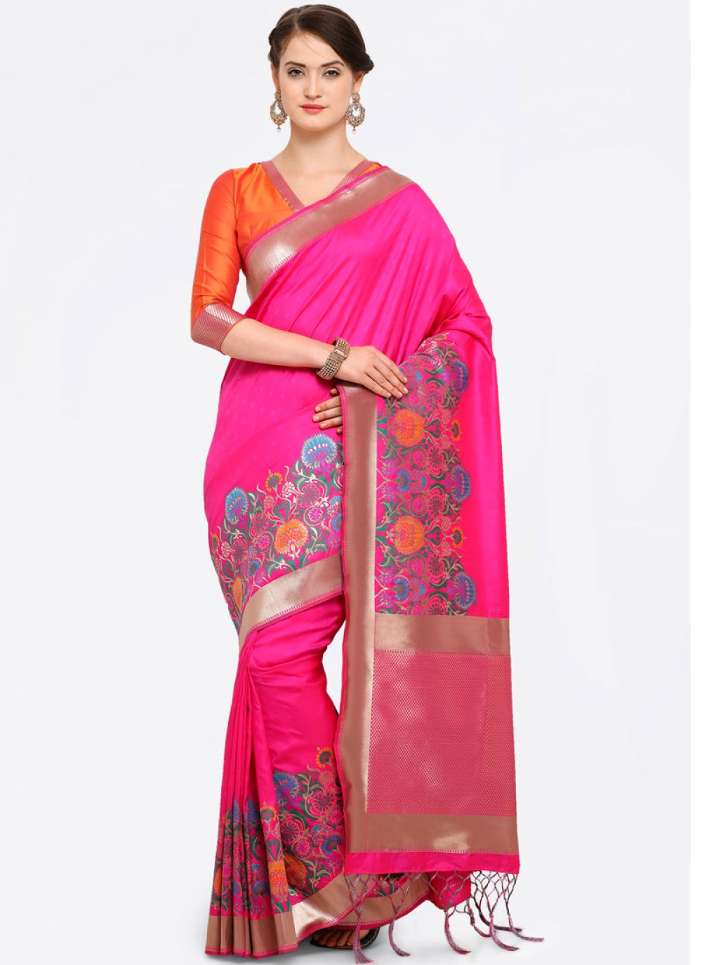 Weaving Hot Pink Banarasi Silk Traditional Designer Saree buy online