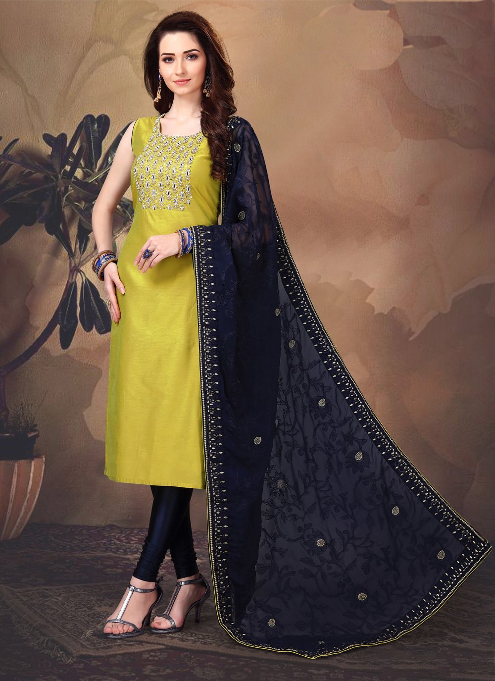 Shop Art Silk Green Embroidered Churidar Salwar Kameez Online : 168069