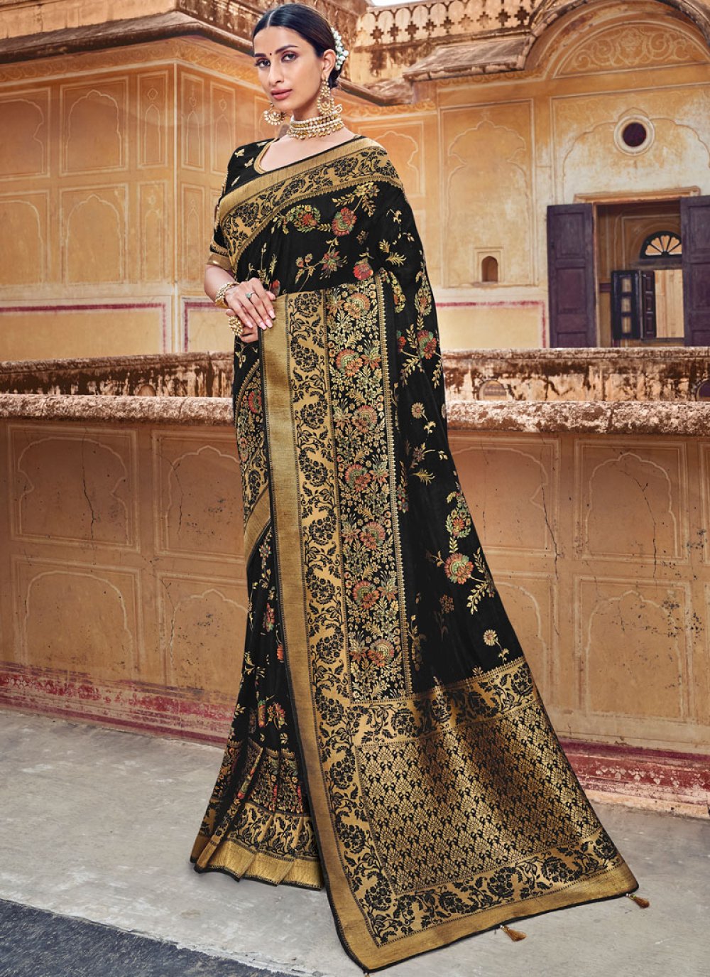 Buy Classic Designer Saree Embroidered Silk in Black Online : 141192