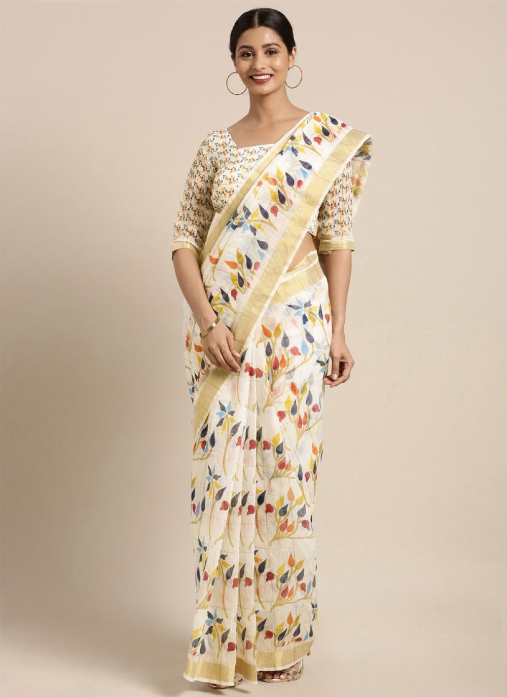 Buy Cotton Off White Print Casual Saree Online