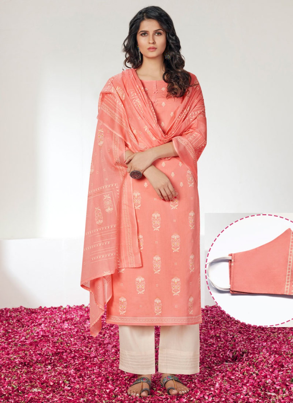 Shop Online Cotton Peach Print Straight Salwar Kameez : 150214