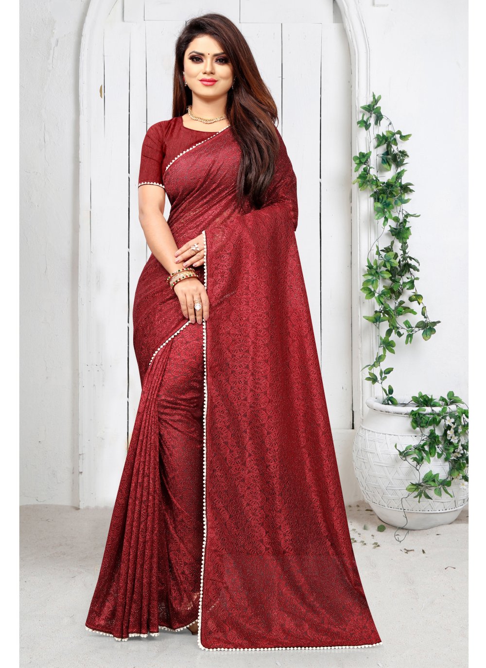 Buy Embroidered Maroon Net Saree : 160978
