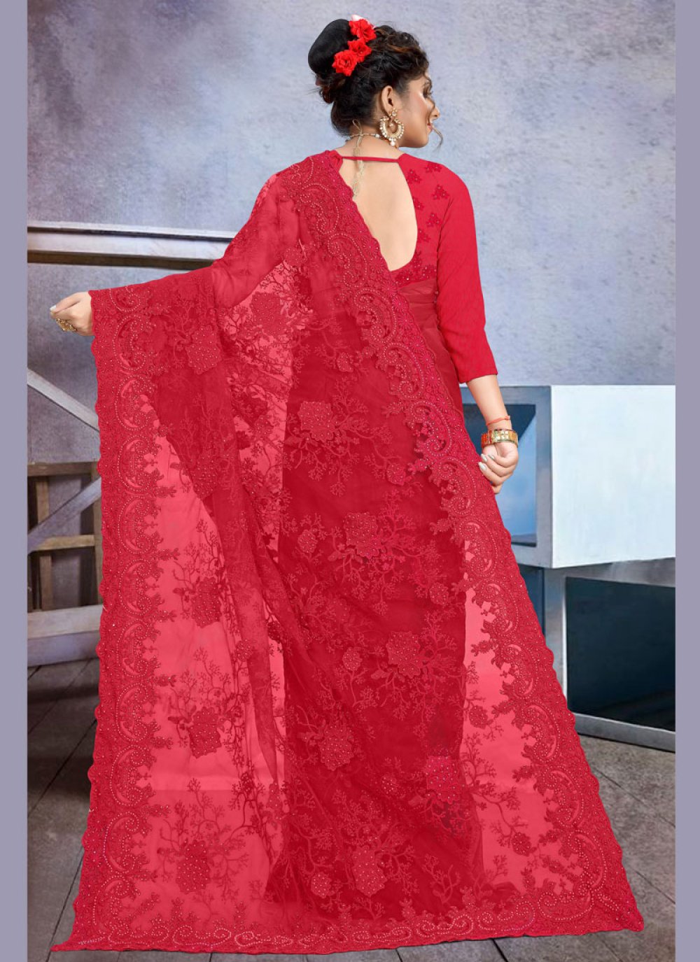 Buy Embroidered Red Net Trendy Saree Online