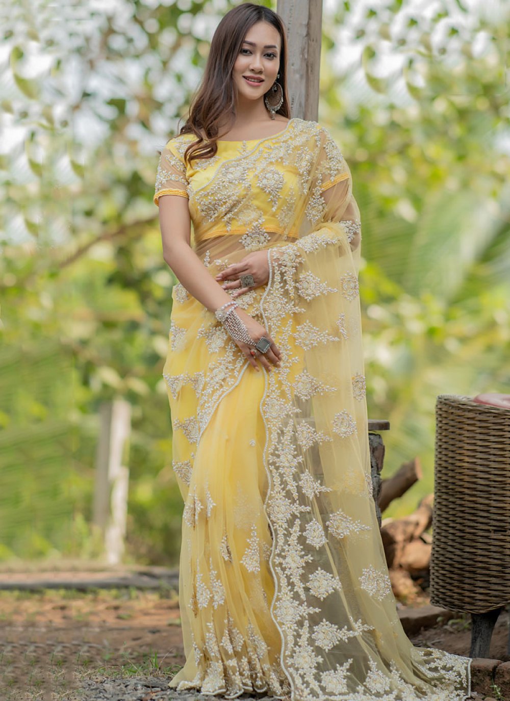 Buy Embroidered Yellow Net Trendy Saree : 145488