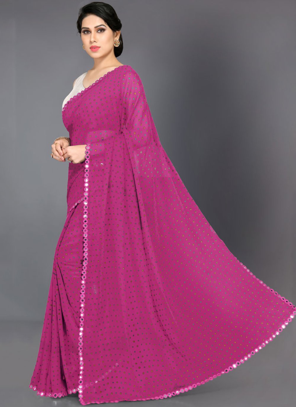 Buy Faux Georgette Hot Pink Printed Saree Online : 141245