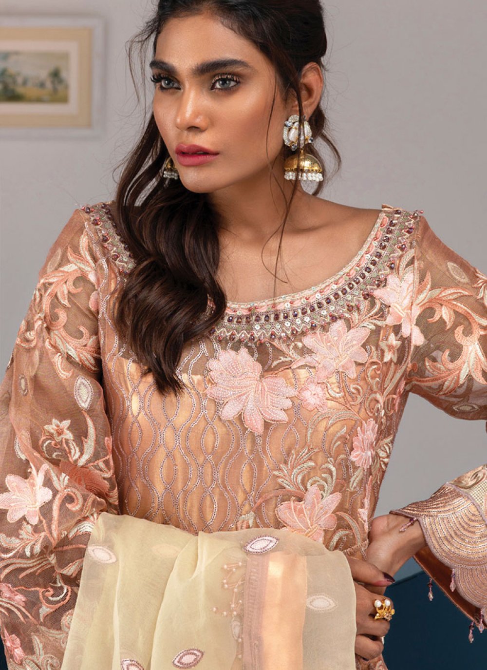 Buy Georgette Zari Peach Salwar Kameez : 151844