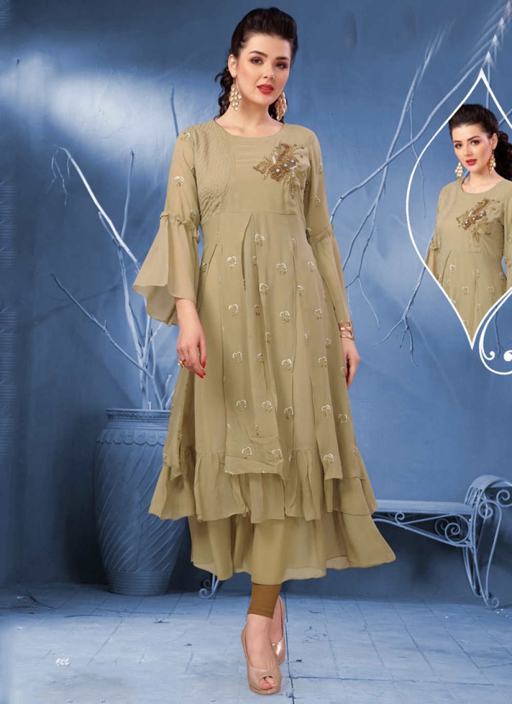 Shop Green Embroidered Faux Georgette Party Wear Kurti Online 146759