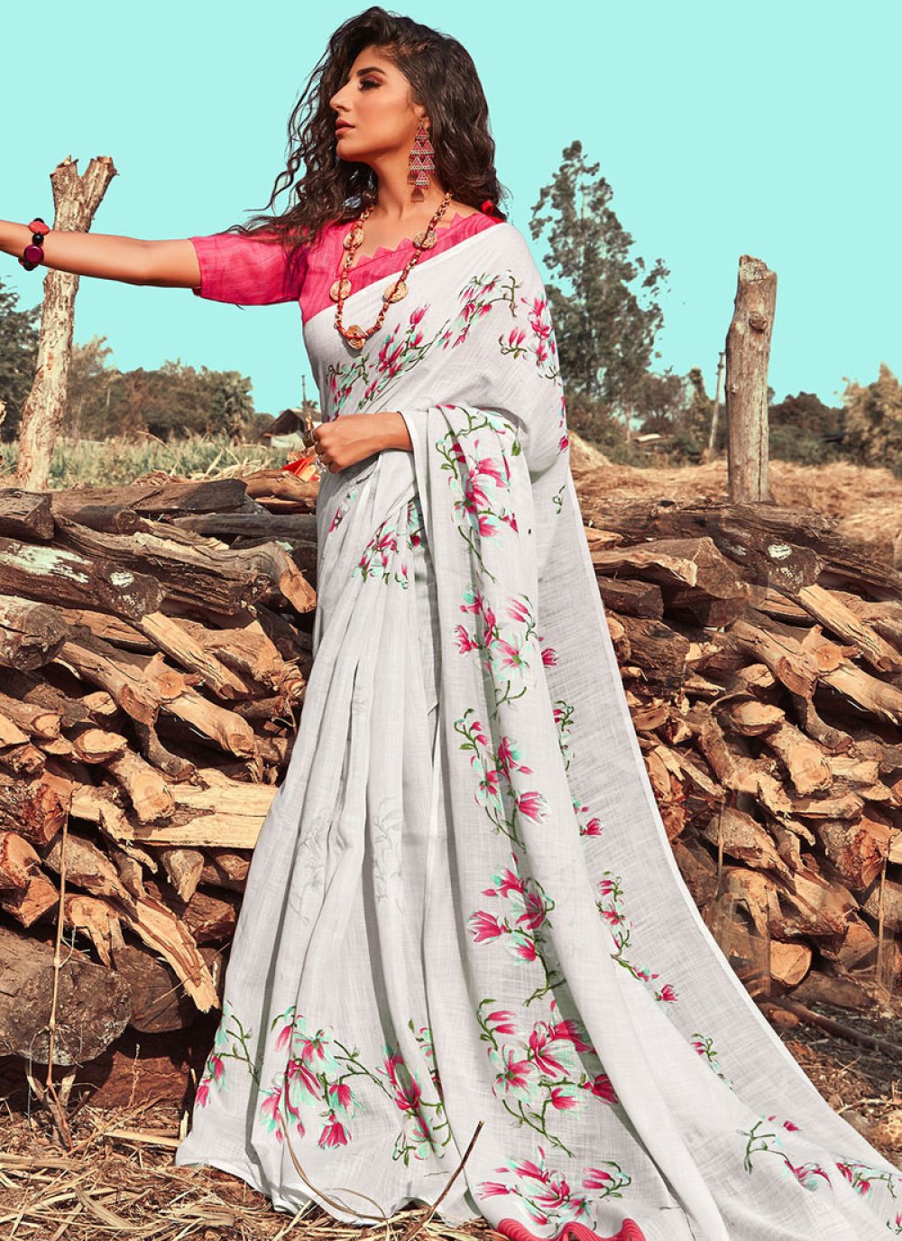 Buy Grey Floral Print Linen Classic Designer Saree Online