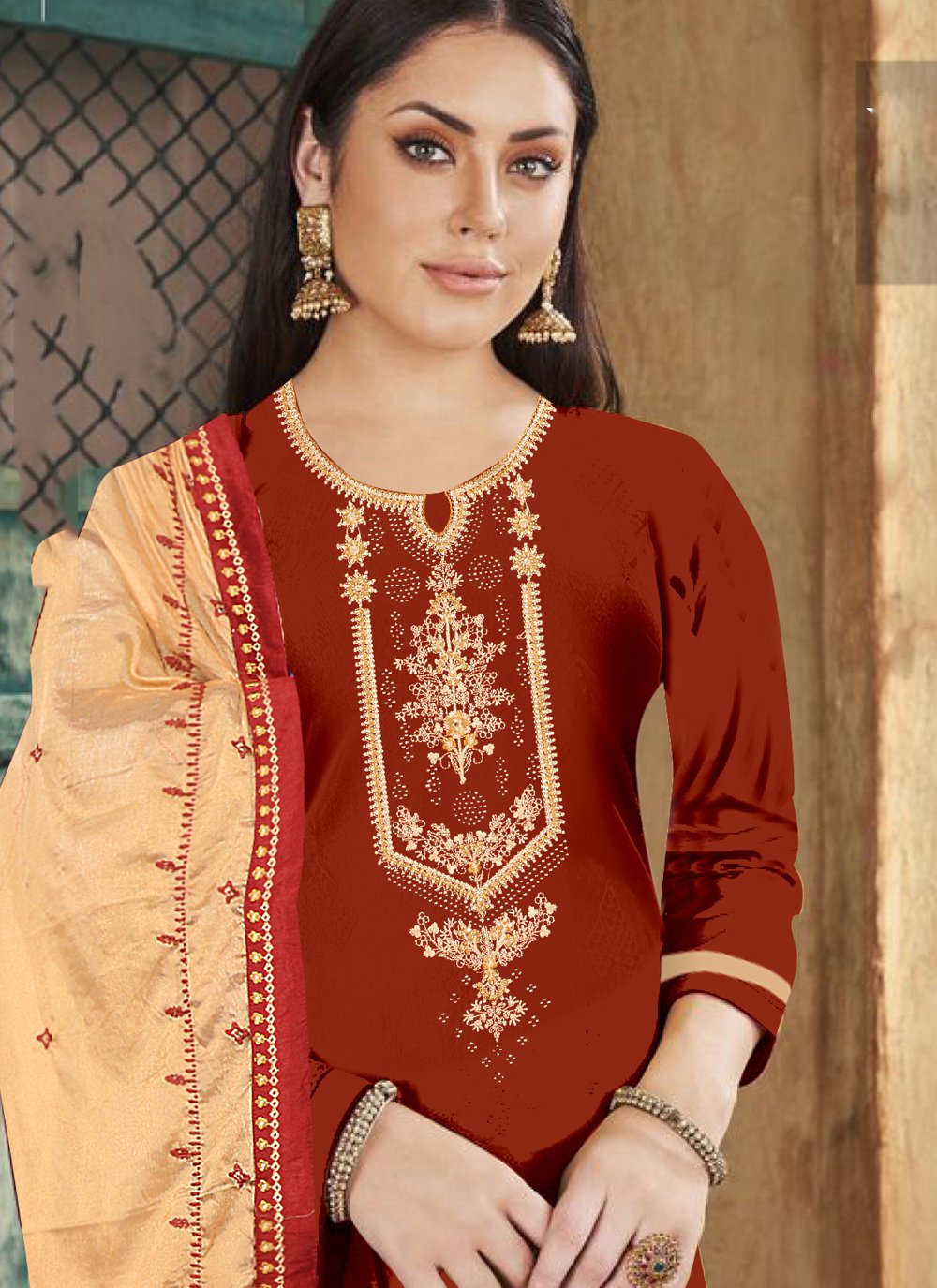 Buy Jamawar Silk Brown Bollywood Salwar Kameez Online