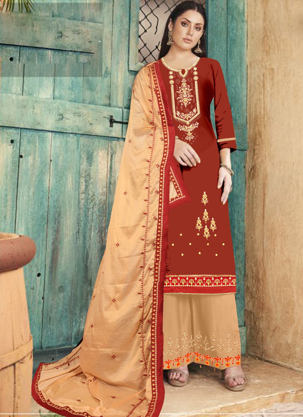 Buy Jamawar Silk Brown Bollywood Salwar Kameez Online