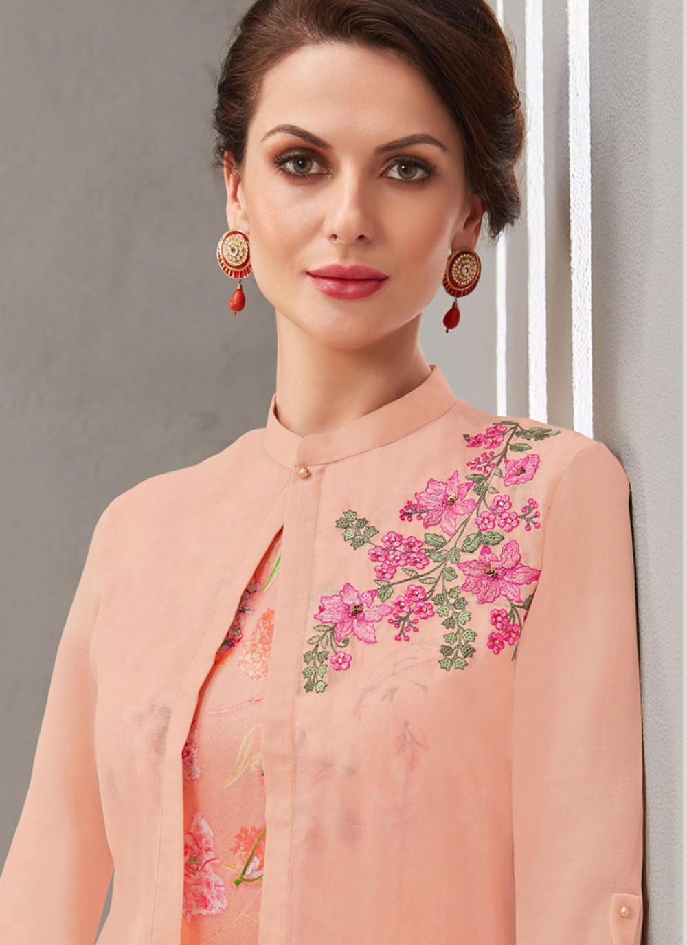 Poly Silk Peach Embroidered Gown buy online