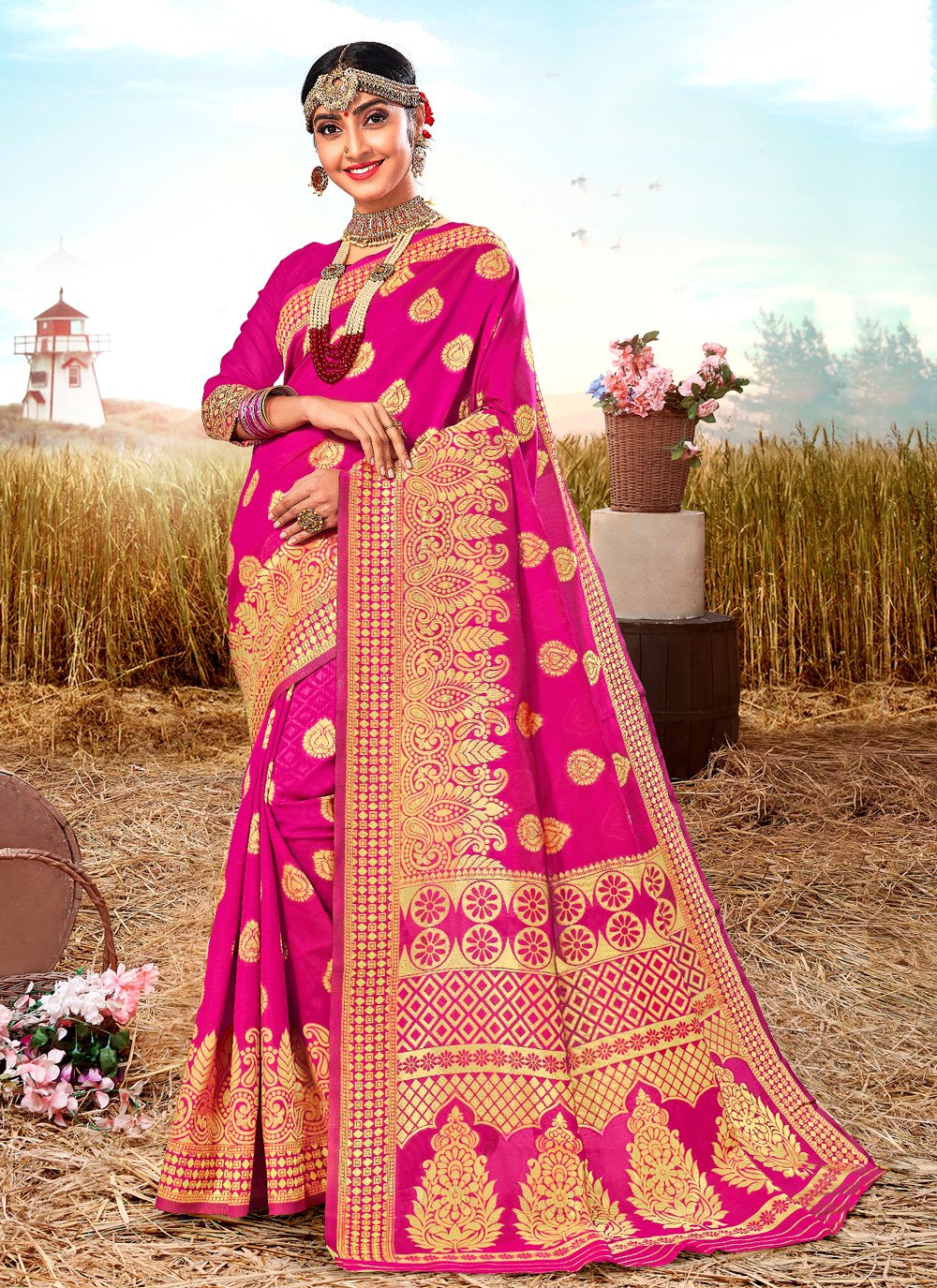 Buy Poly Silk Pink Weaving Traditional Saree Online : 156471