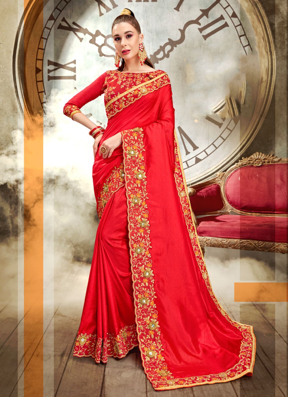 Shop Red Silk Resham Classic Saree Online : 150589