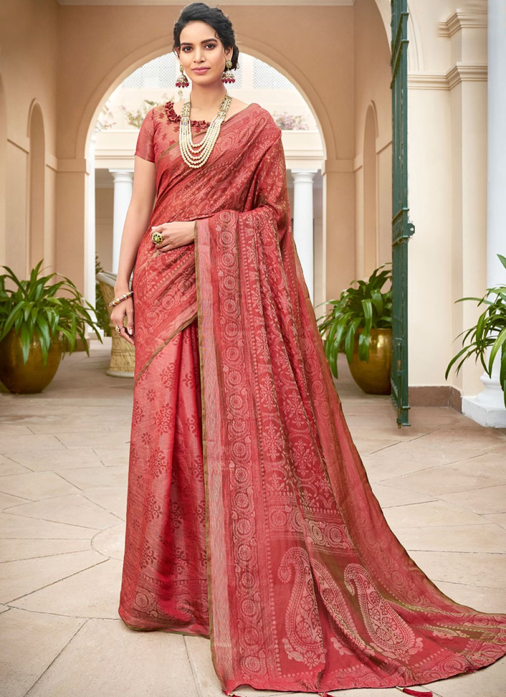 Buy Online Rust Silk Weaving Classic Designer Saree : 142114