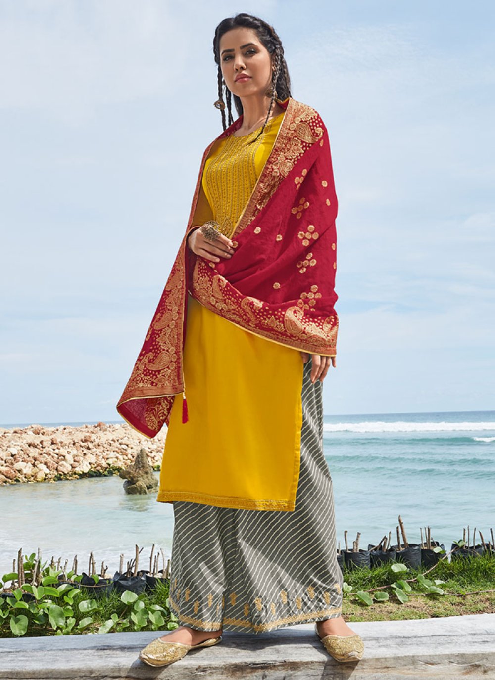 Buy Online Satin Embroidered Yellow Salwar Kameez : 145953
