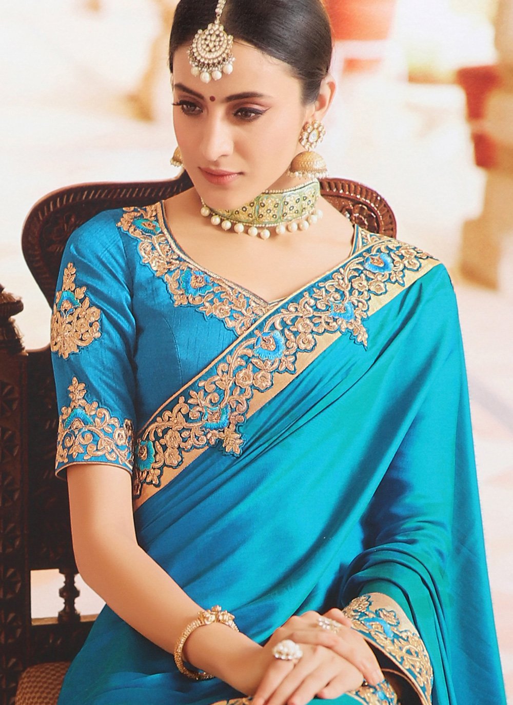 Buy Silk Aqua Blue Embroidered Designer Contemporary Saree : 160655