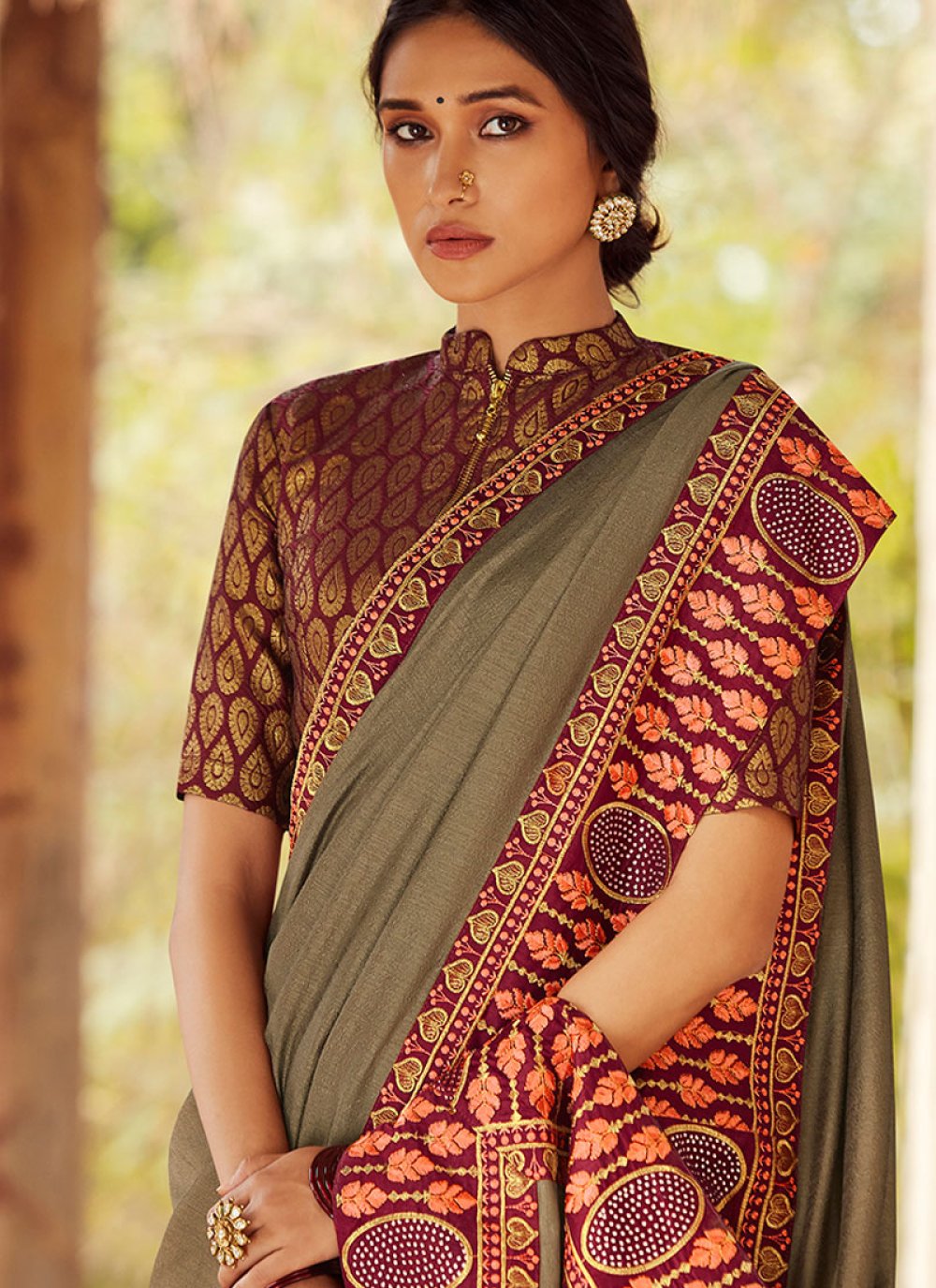 Buy Silk Border Brown Designer Saree Online : 148454