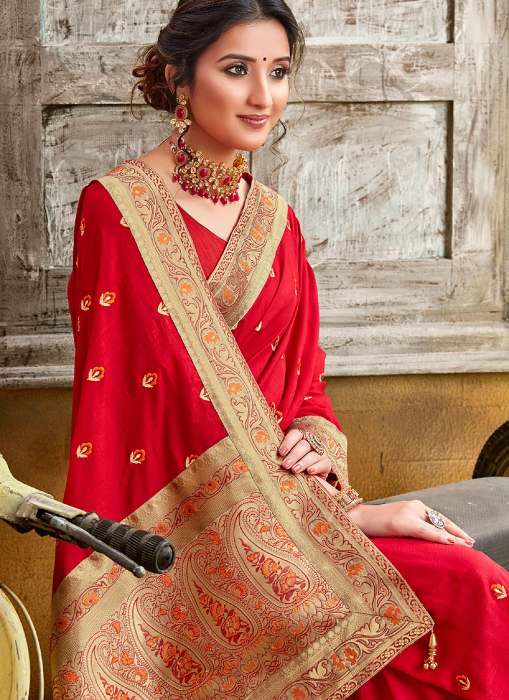 Shop Online Silk Lace Red Silk Saree : 148839