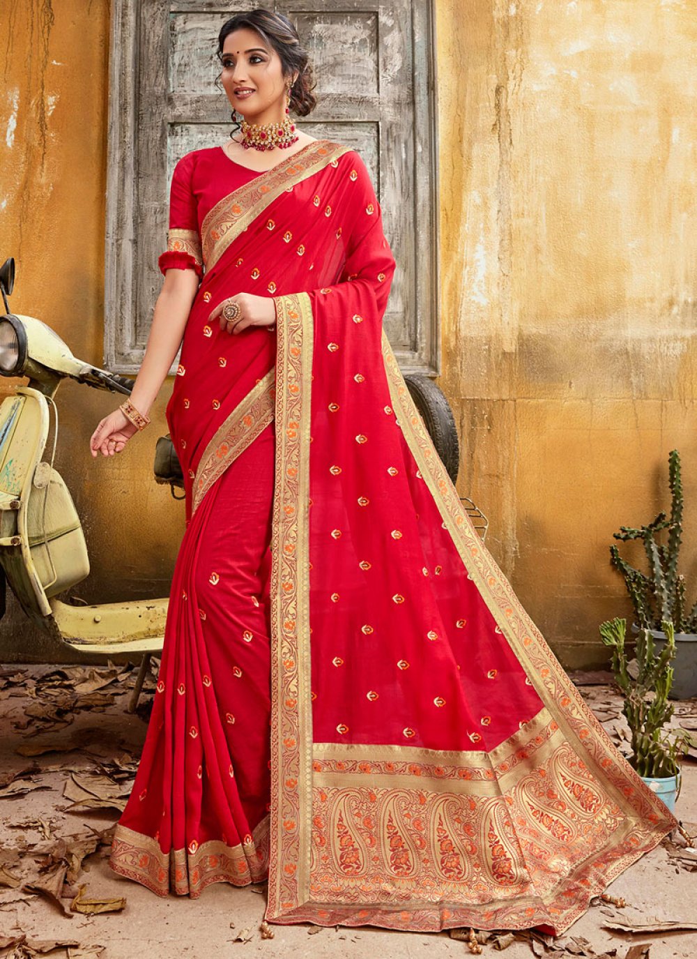 Shop Online Silk Lace Red Silk Saree : 148839