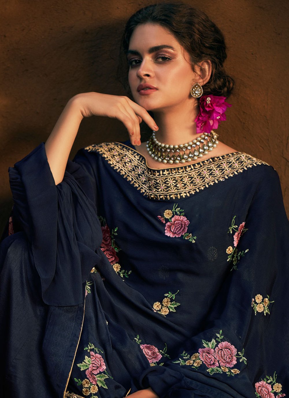 Buy Silk Navy Blue Designer Suit : 147382