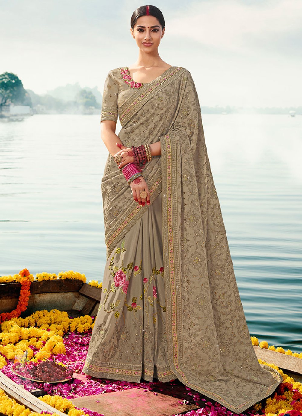 Buy Silk Resham Beige Classic Saree Online : 142865