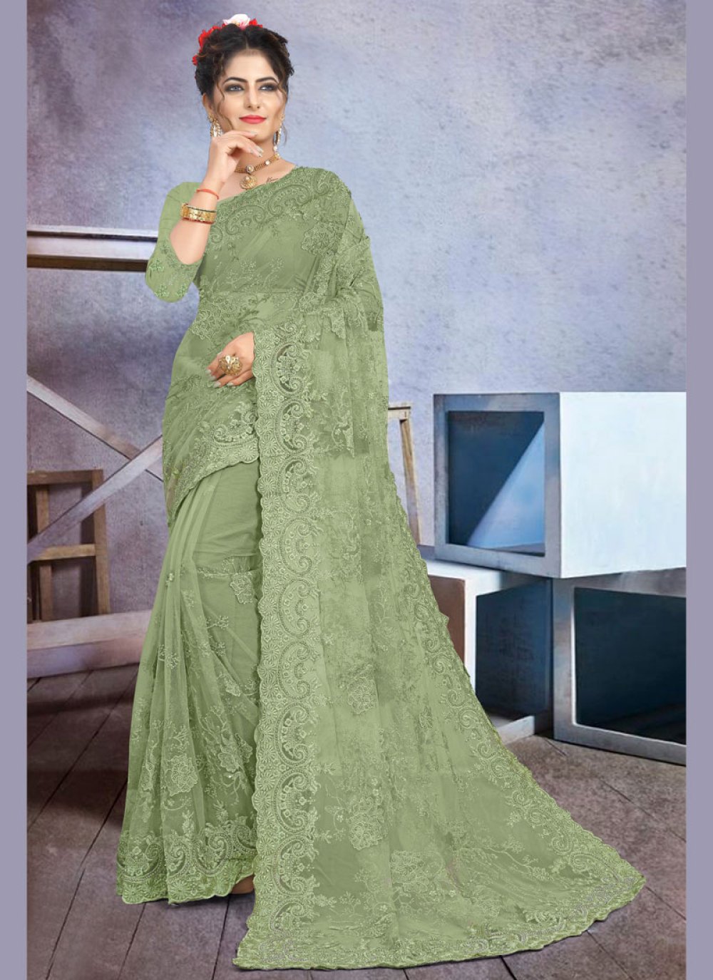 Buy Online Stone Work Net Designer Saree in Green : 154817