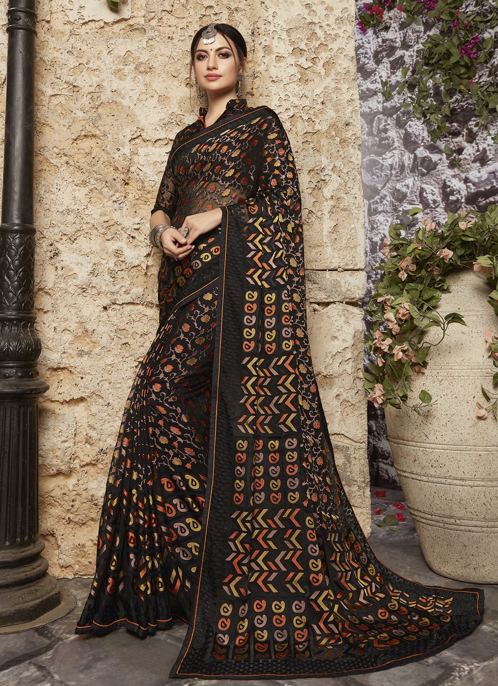 Abstract Print Black Printed Saree buy online