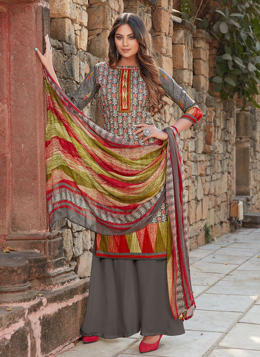 Shop Cotton Grey Printed Palazzo Designer Suit Online : 183738
