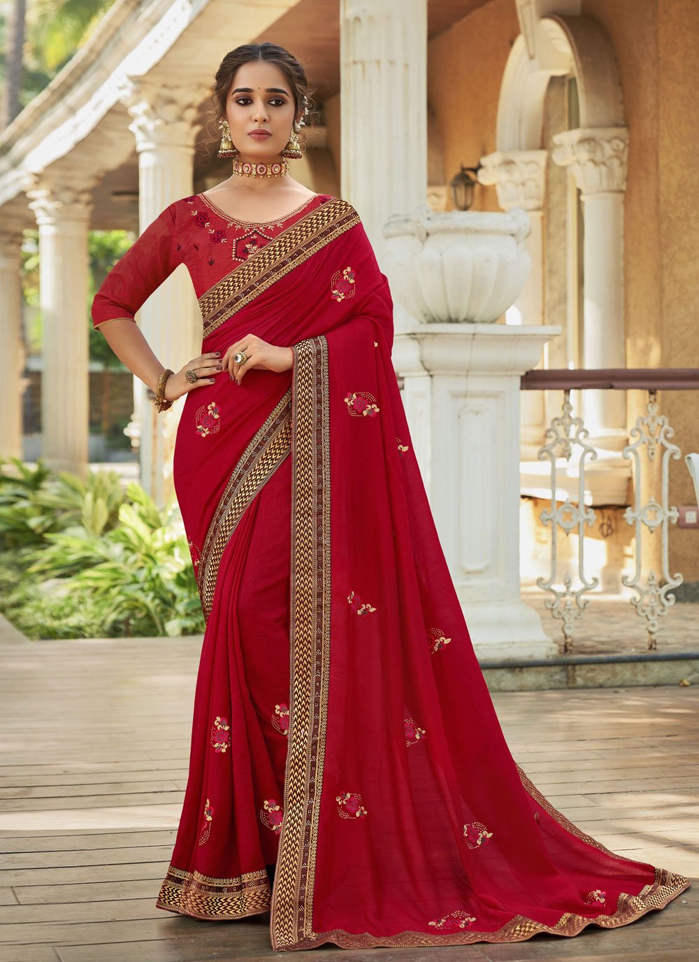 Shop Embroidered Red Designer Traditional Saree Online : 185826