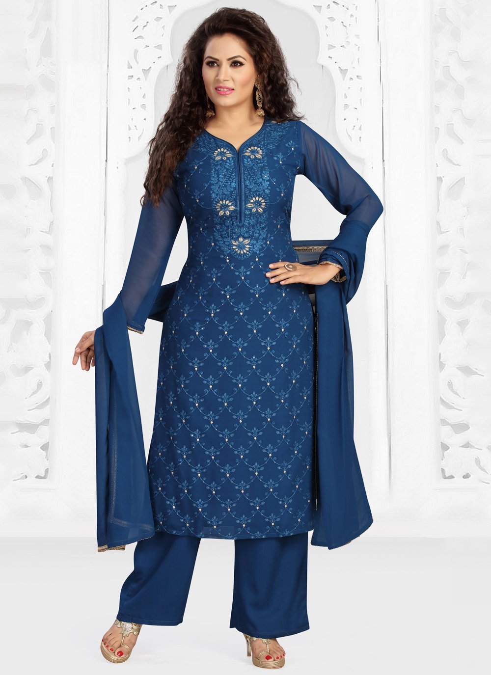Shop Faux Georgette Embroidered Readymade Suit Online : 170514