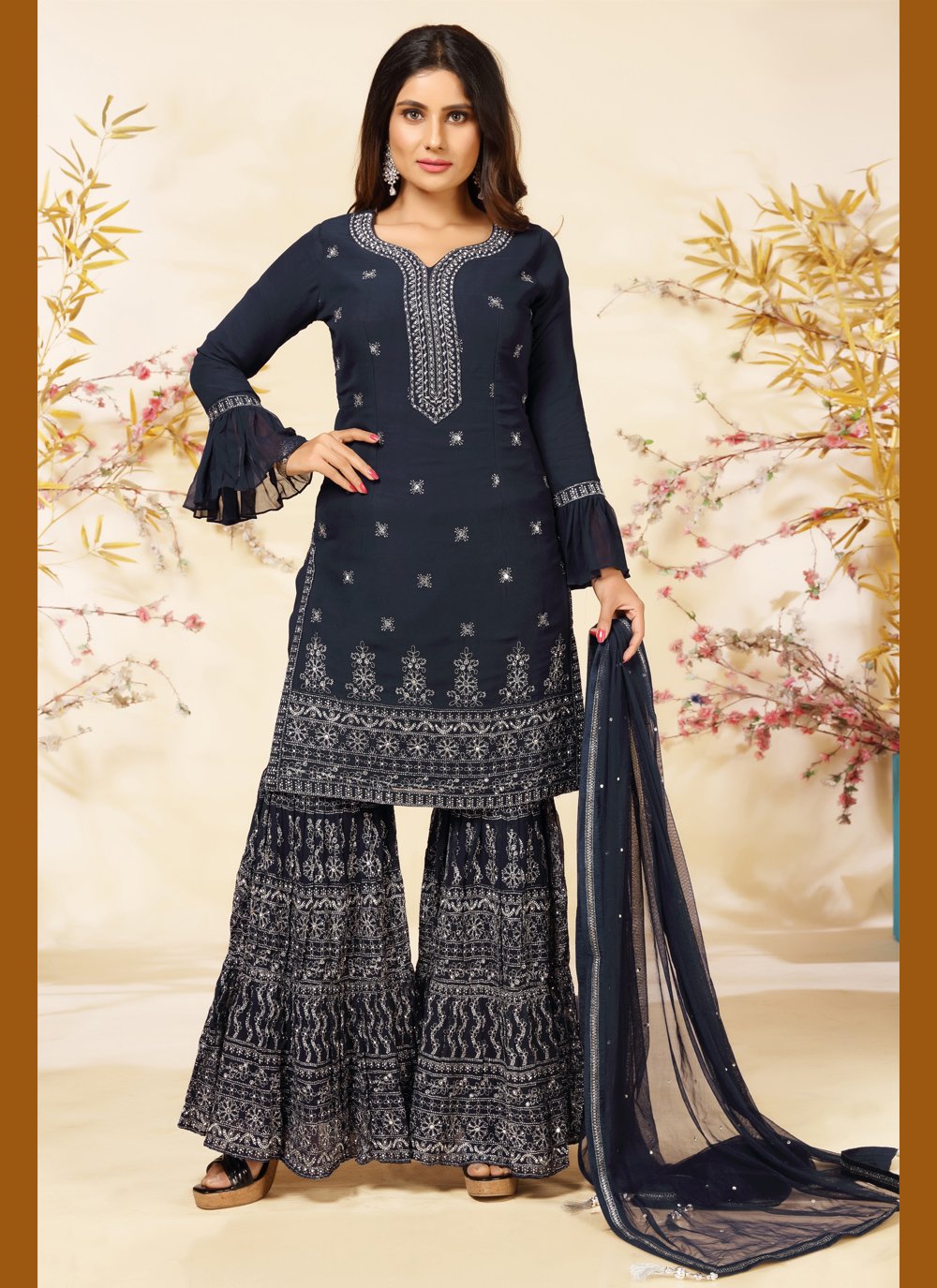 Buy Faux Georgette Navy Blue Embroidered Readymade Suit : 173815