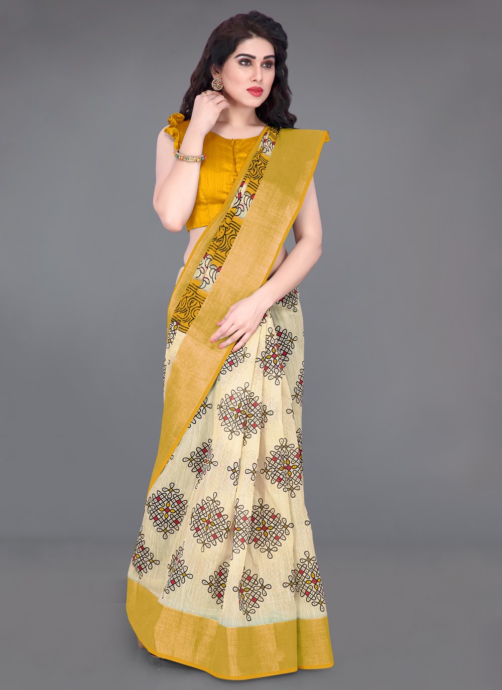 Buy Online Mustard Cotton Printed Saree : 174472