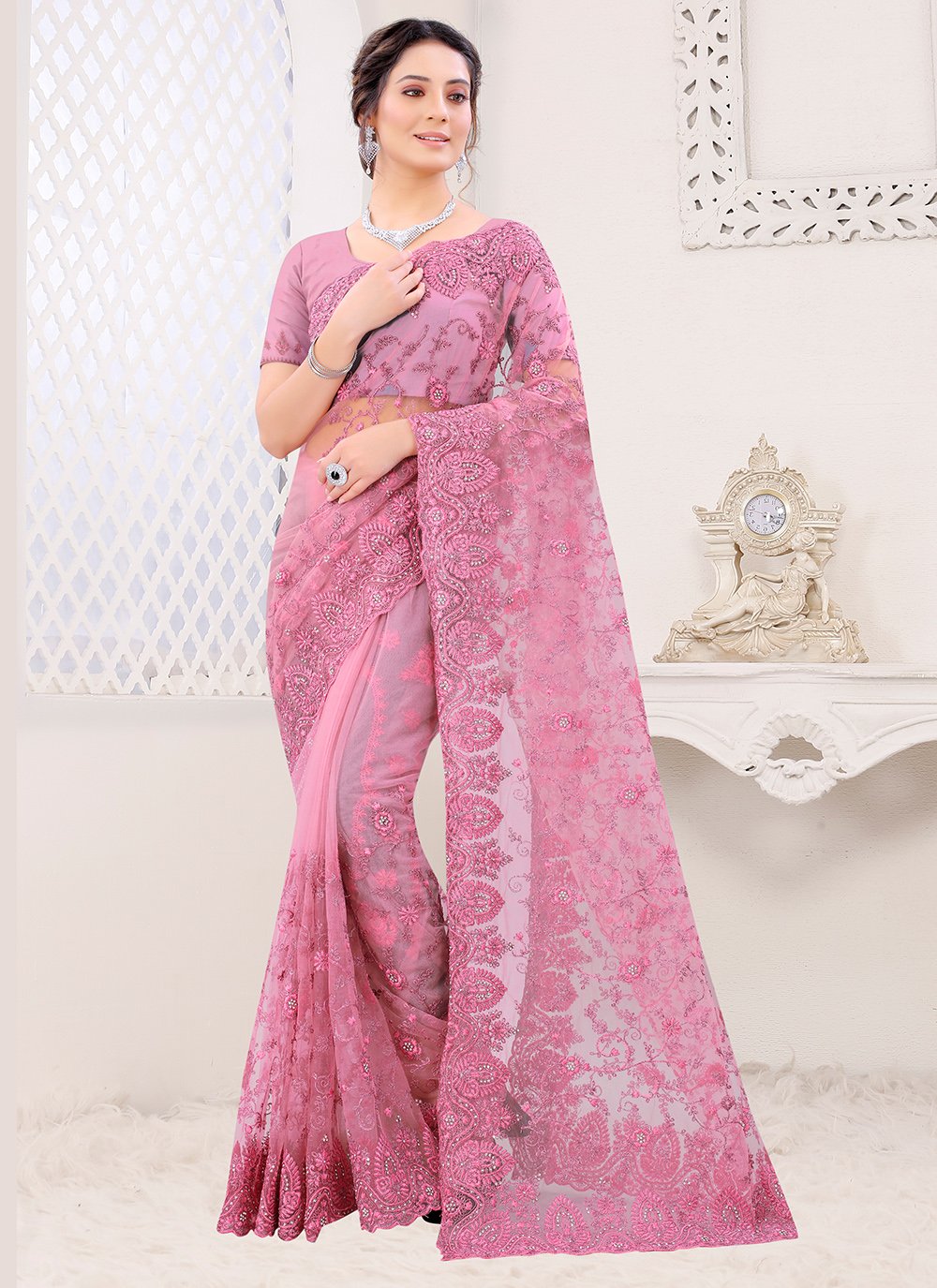 Buy Net Classic Saree in Pink : 197441