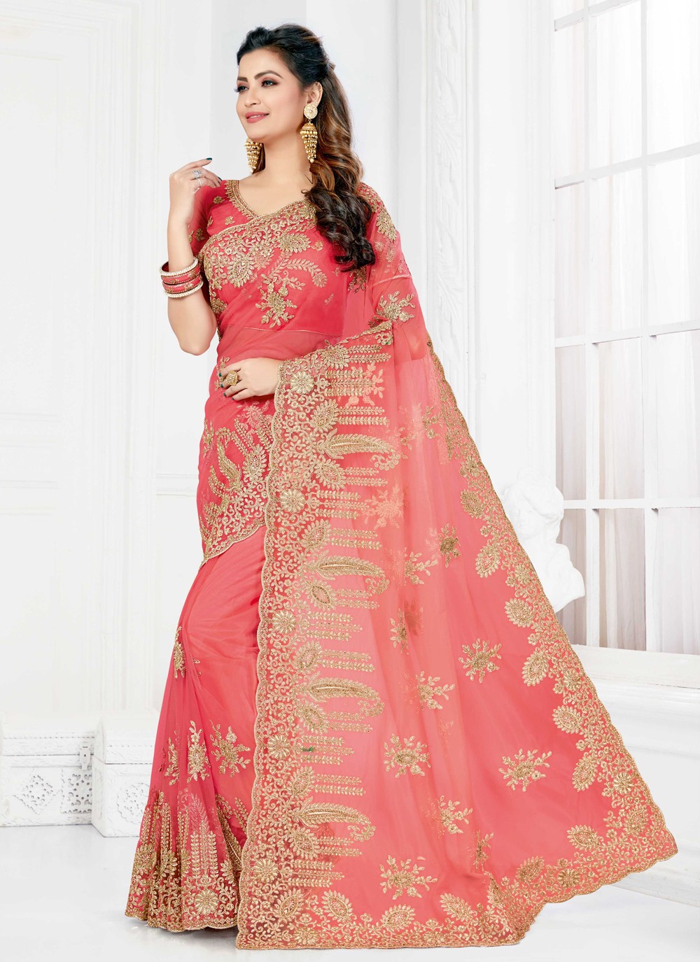 Buy Net Pink Classic Designer Saree Online
