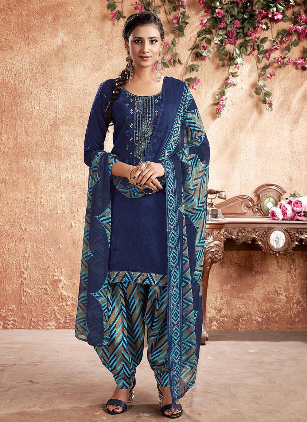 Buy Printed Cotton Designer Patiala Suit in Blue Online : 181835