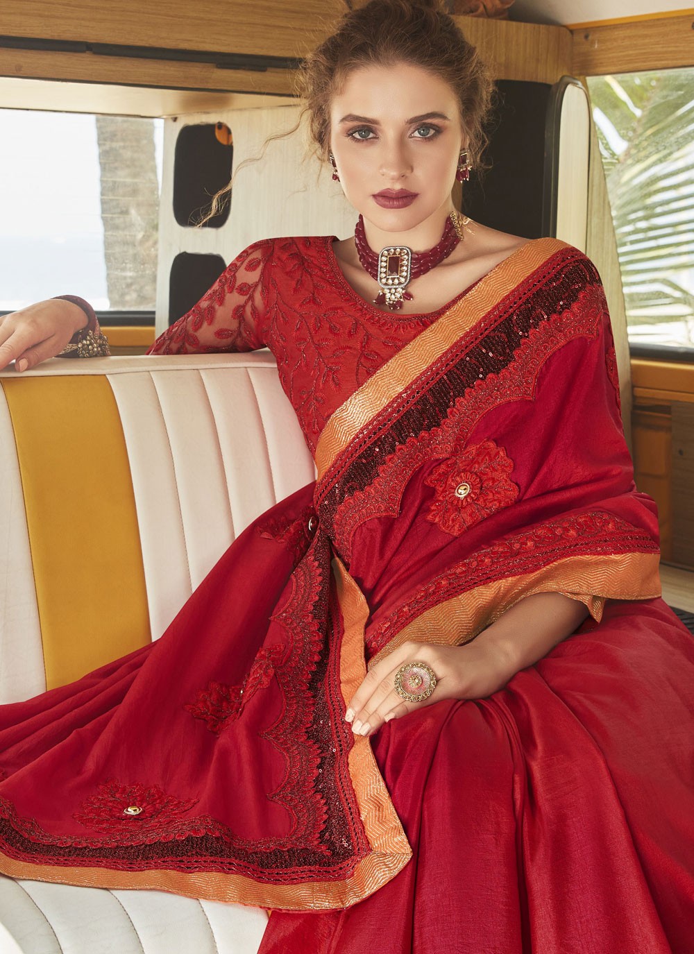 Vichitra Silk Patch Border Red Traditional Saree buy online
