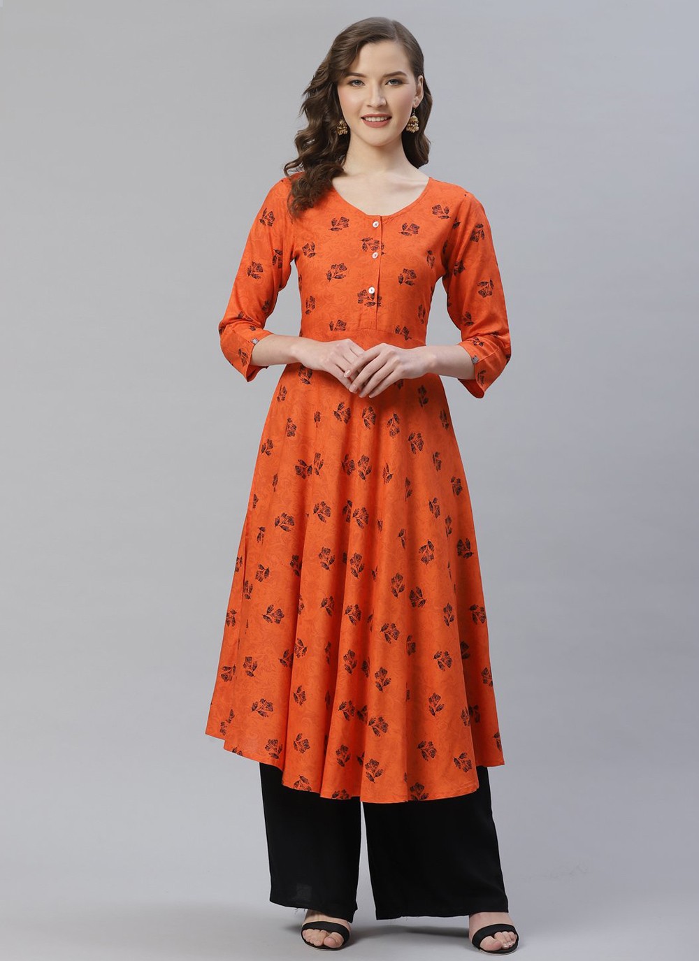 Buy Viscose Printed Orange Designer Kurti Online : 172916
