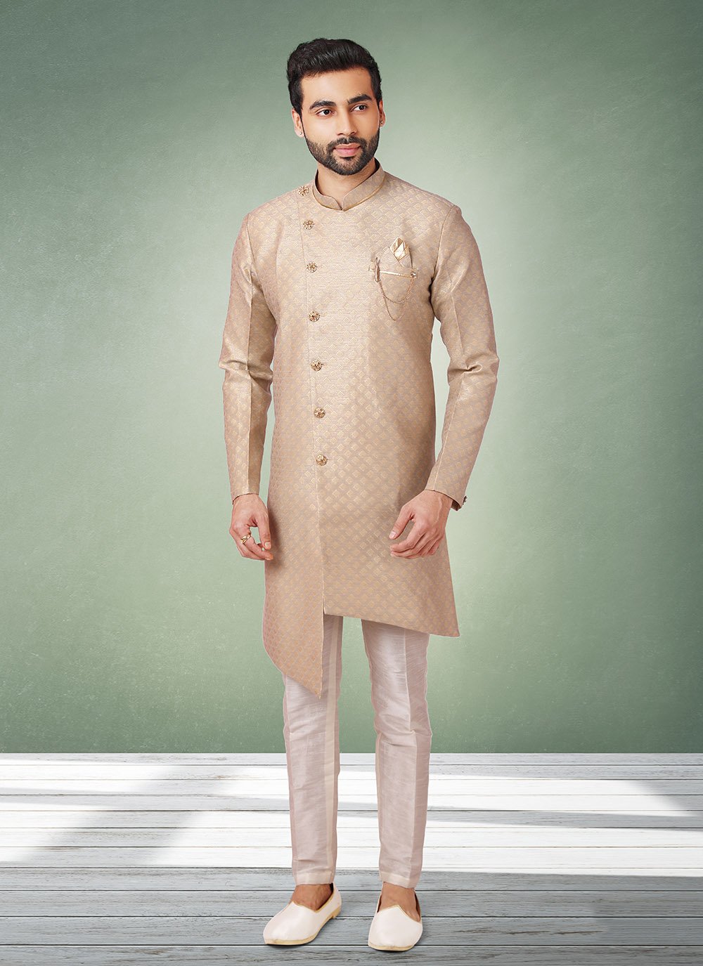 Shop Beige Mehndi Brocade Indo Western Online : 211549