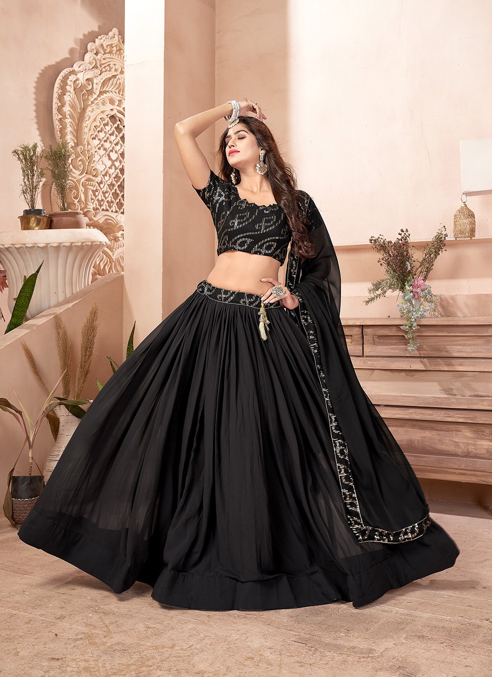 Shop Online Black Engagement A Line Lehenga Choli : 234134
