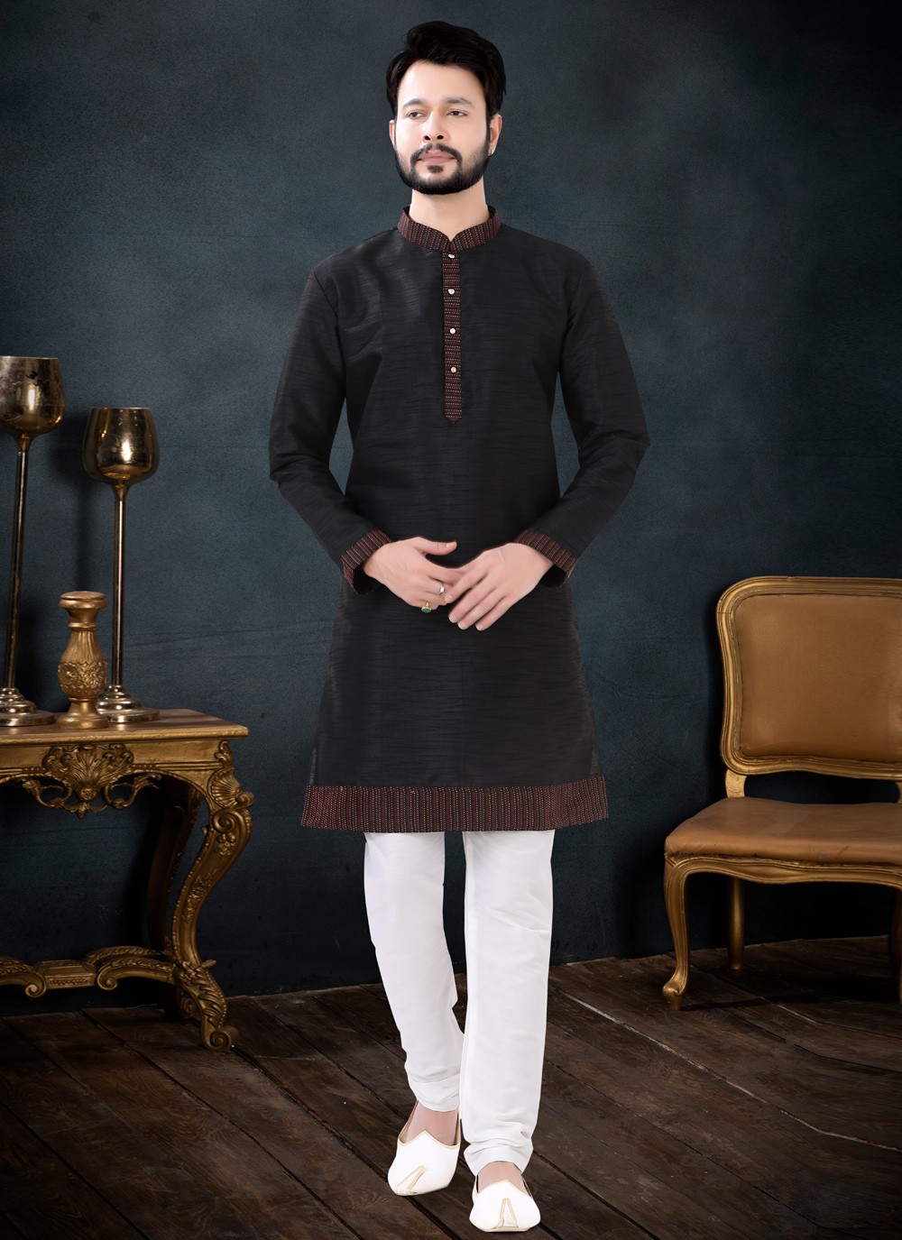 Buy Black Silk Patch Border Kurta Pyjama Online : 244347