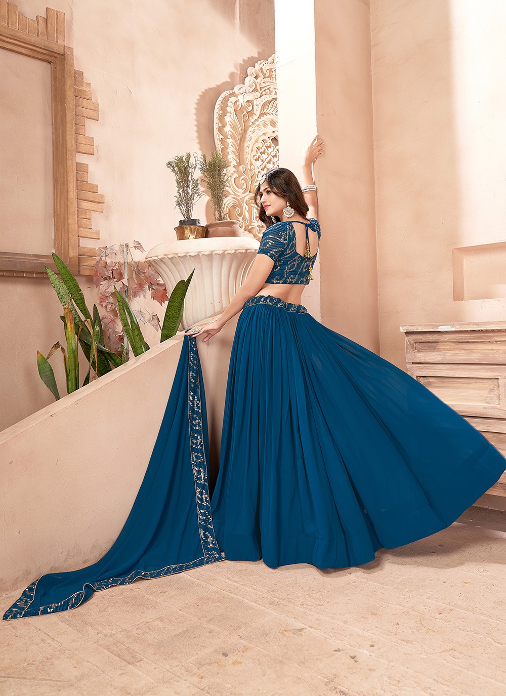 Shop Online Blue Embroidered Mehndi A Line Lehenga Choli : 234132