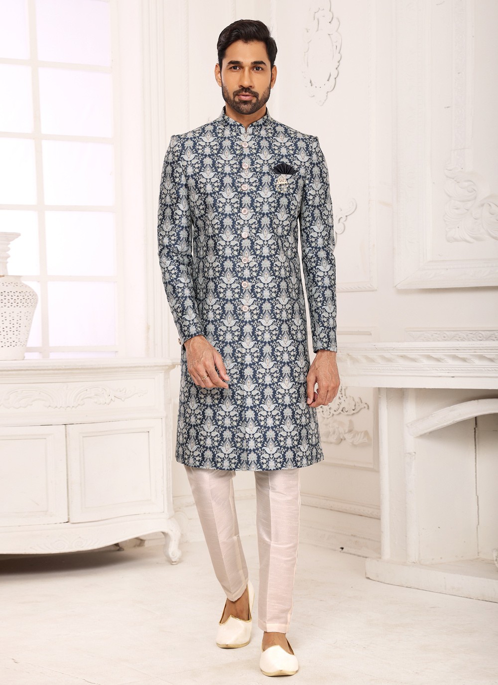 Shop Online Blue Fancy Fabric Engagement Indo Western Sherwani : 235911