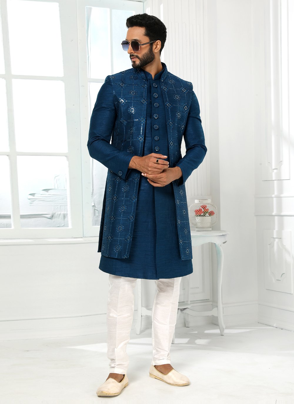 Blue Mehndi Art Silk Indo Western buy online - Mens Indo Western